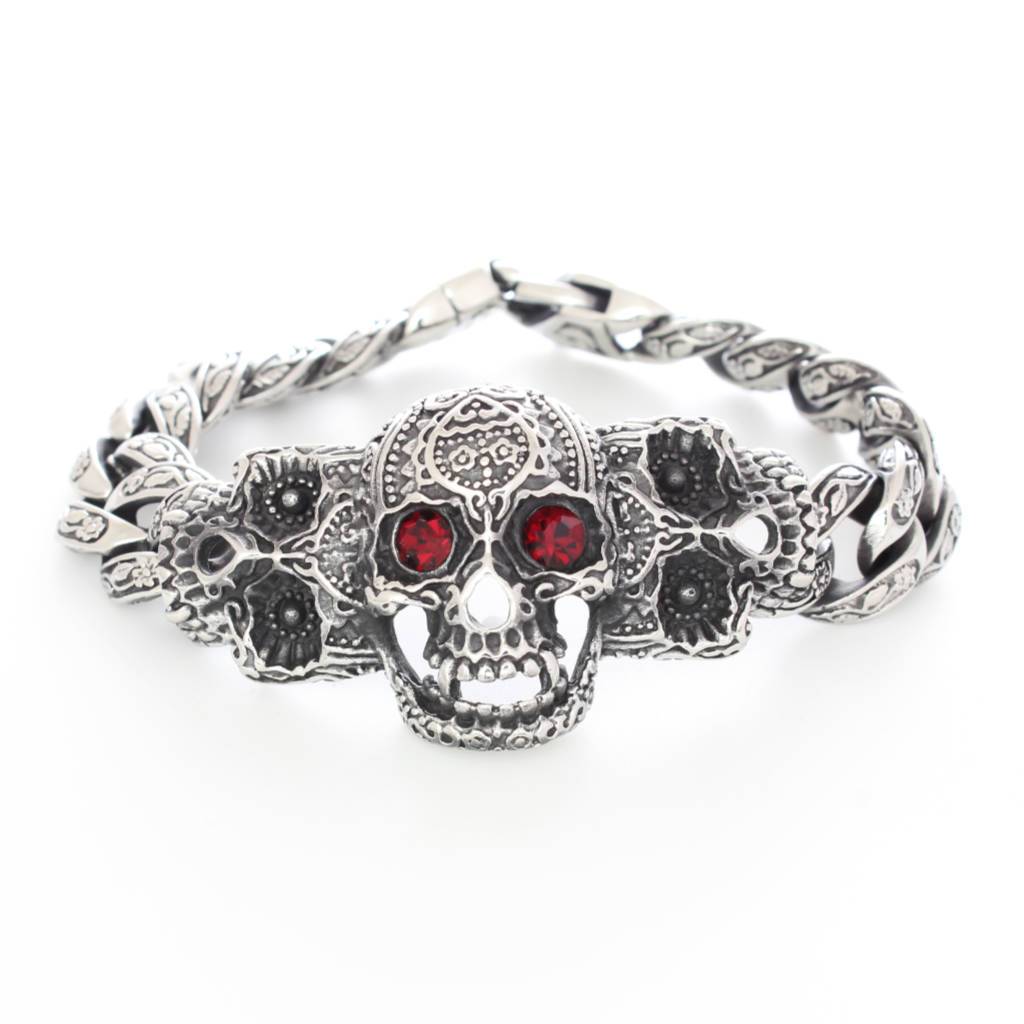 Sugar Skull Bracelet With Red Gemstone Eyes – Badboy Jewellery